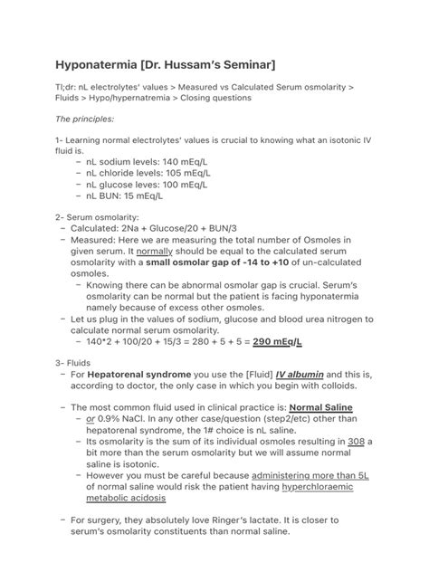 Hyponatermia Dr Hussams Seminar Pdf Saline Medicine