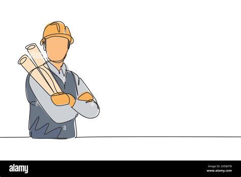 Single One Line Drawing Young Male Architect Cross Arm On Chest Hold
