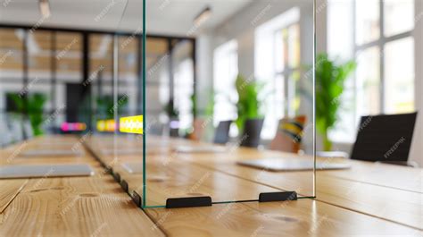 Modern Office Workspace With Glass Dividers And Wooden Desk For Social