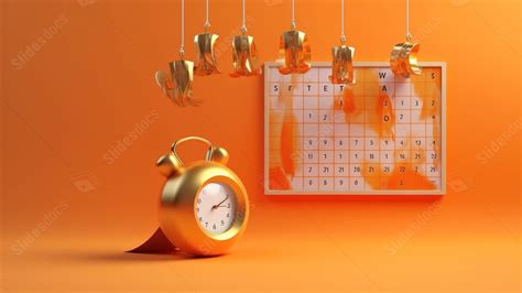 무료 시선을 사로잡는 주황색 벽시계와 눈에 띄는 3d 달력 벨로 비즈니스 계획 일정을 일정대로 유지하세요 Ppt 배경 Slidesdocs