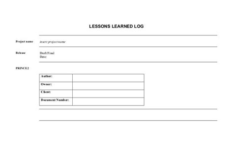 Prince 2 Project Managment Document Lessons Learned Log