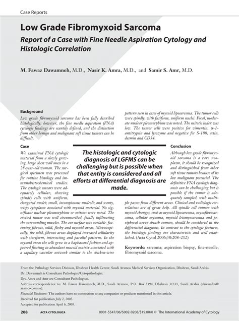 Pdf Low Grade Fibromyxoid Sarcoma Report Of A Case With Fine Needle