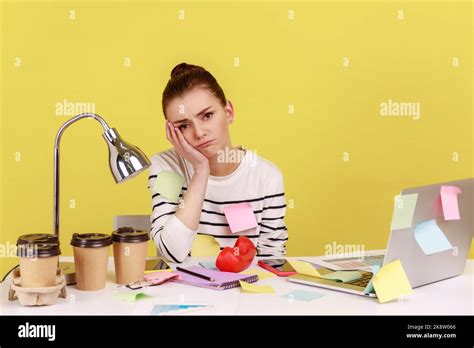 Bored Woman Office Employee Covered With Sticky Sitting At Workplace