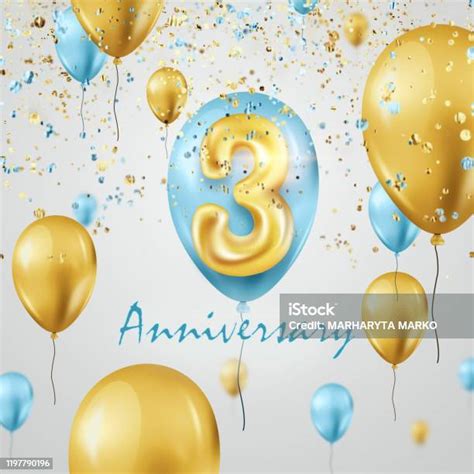 황금 풍선 번호 3 주년 기념 황금과 청록색 풍선과 색종이 축하 템플릿 인사말 카드 휴일 템플릿 전단지 3d 일러스트레이션 3d