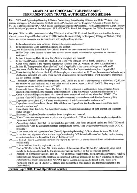 Dd Form 1614 Completion Checklist For Preparing Permanent Duty Travel