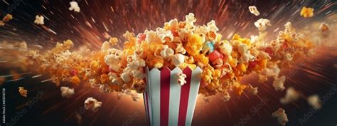 A Dynamic Image Of Popcorn Being Tossed Into The Air With Kernels