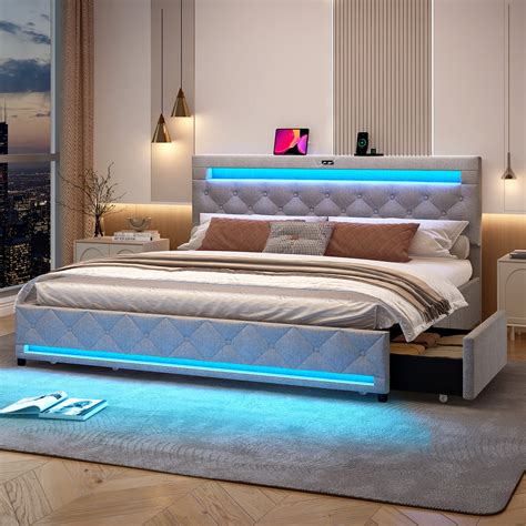 King Size Bed Frame With Led Light Headboard And Outlets Upholstered