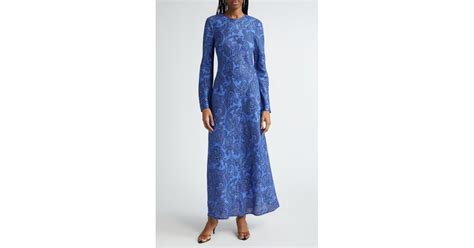 Zimmermann Ottie Paisley Long Sleeve Open Back Linen Maxi Dress In Blue
