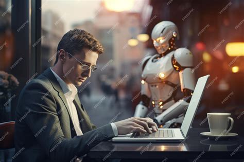 Premium Photo An Anthropomorphic Robot Is Hard At Work On A Computer Premium Photo An Anthropomorphic Robot Is Hard At Work On A Computer