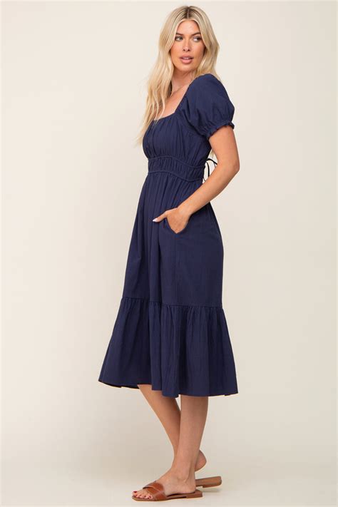 Navy Puff Sleeve Ruffle Hem Midi Dress Pinkblush