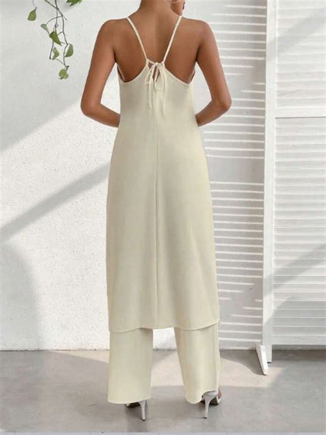 SHEIN Essnce Top Halter Unicolor Bajo Con Abertura Pantalones De Pierna Ancha SHEIN USA