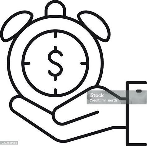 아이콘 시간 관리를 상징하는 달러 기호가 있는 시계를 들고 있는 손입니다 가는 선 스타일에서 0명에 대한 스톡 벡터 아트 및
