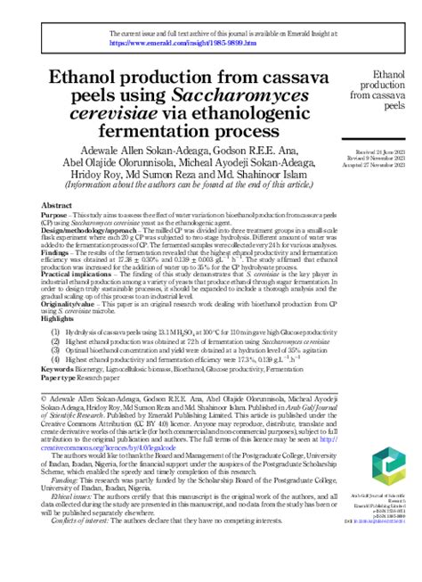 Pdf Ethanol Production From Cassava Peels Using Saccharomyces