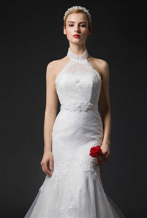 36899 Romantic Mermaid Halter Chapel Train Tulle Wedding Dress With