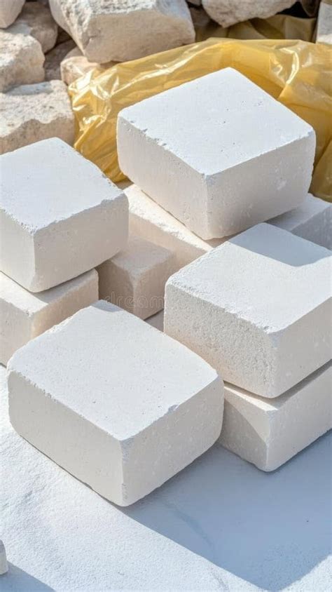Yellow Plastic Wrapped Concrete Blocks Sit On A White Construction Site