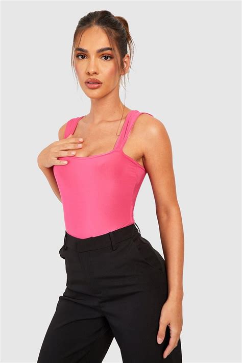 Womens Hot Pink Slinky Square Neck Cap Sleeve Bodysuit Boohoo Uk