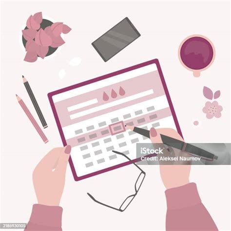 여성 캐릭터는 기간 달력 생리 기간 또는 생리일 계획을 작성합니다 월경 체크 일정 여성 건강 또는 임신 계획 평면도 건강관리와 의술에 대한 스톡 벡터 아트 및 기타 이미지