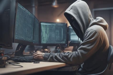 Premium Ai Image Hacker Using Laptop At Nighthacker Using Laptop At Nighthacker In Hood Using