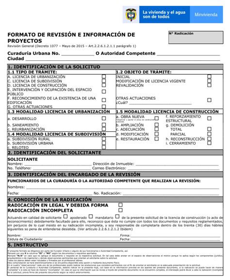 Formulario De Revisión E Información De Proyectos Curaduría Primera