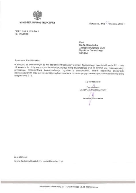Pismo Ministra Infrastruktury Kowala S 12