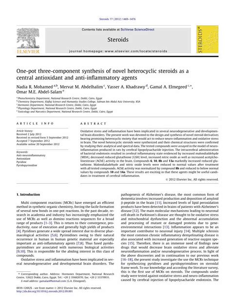 Pdf One Pot Three Component Synthesis Of Novel Heterocyclic Steroids As A Central Antioxidant