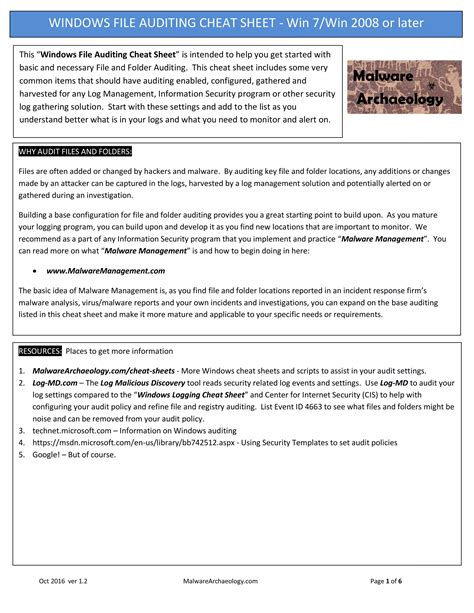 Windows File Auditing Cheat Sheet Ver Oct 2016 MalwareArchaeology PDF