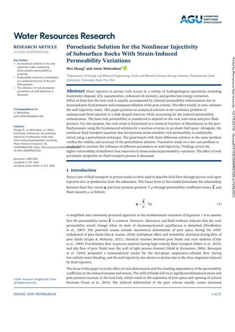 Pdf Poroelastic Solution For The Nonlinear Injectivity Of Subsurface Rocks With Strain‐induced