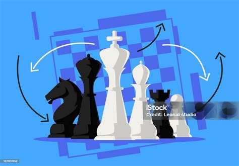 Векторная Иллюстрация Чернобелых Шахматных Фигур Во Главе С Королем На