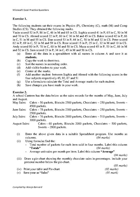 2020 April S4 S6 Microsoft Excel Practice Question Exercise 1 The Following Babes Sat