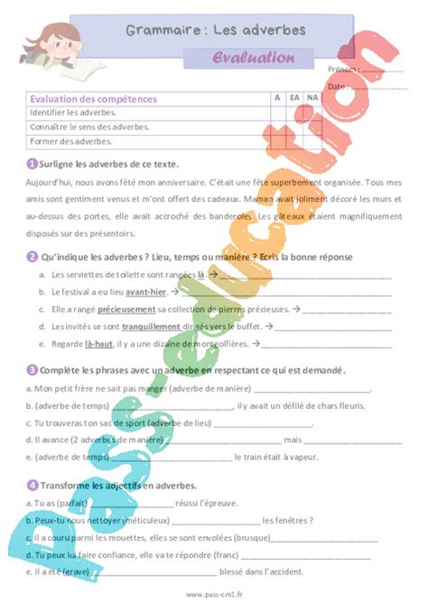 Les adverbes Évaluation de grammaire pour le cm Cycle PDF à imprimer