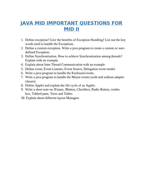 Java Mid Important Questions For Mid Ii Pdf
