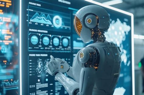 Humanoid Robot Working With Stock Market Data On Screen Stock
