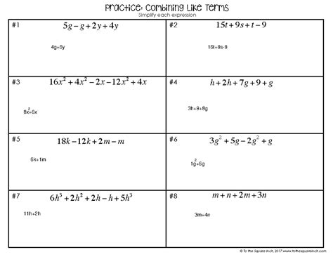 Combining Like Terms Calm Luh Assignment © To The Square Inch 2017