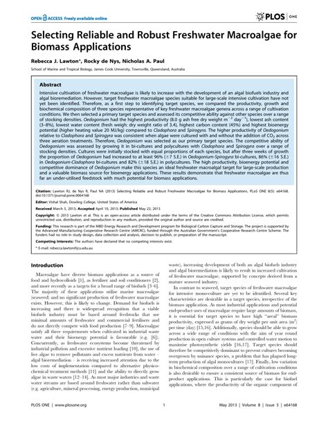 Pdf Selecting Reliable And Robust Freshwater Macroalgae For Biomass Applications