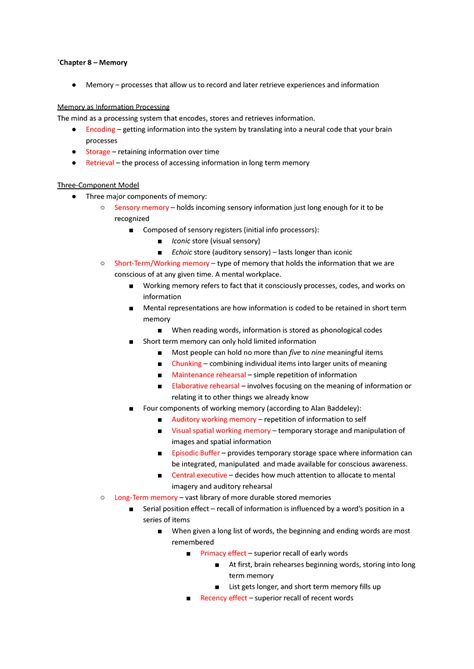 Chapter 8 Memory Lecture Notes With Definitions `chapter 8