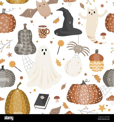 Halloween Seamless Pattern Design With Ghost Pumpkins Bat And Leaves