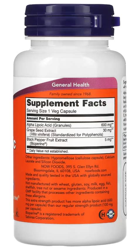 Alpha Lipoic Acid 600mg 60 Vcaps Now Foods