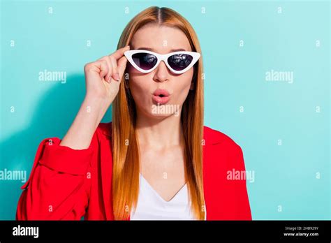 Photo Of Impressed Funky Orange Hair Lady Wear Red Blazer Arm Dark