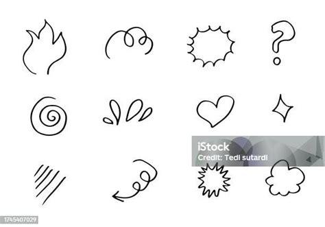 귀여운 손으로 그린 선 낙서 표현 기호이모티콘 효과 디자인 요소 만화 캐릭터 감정 기호벡터 일러스트레이션 세트 감정에 대한 스톡 벡터 아트 및 기타 이미지 Istock