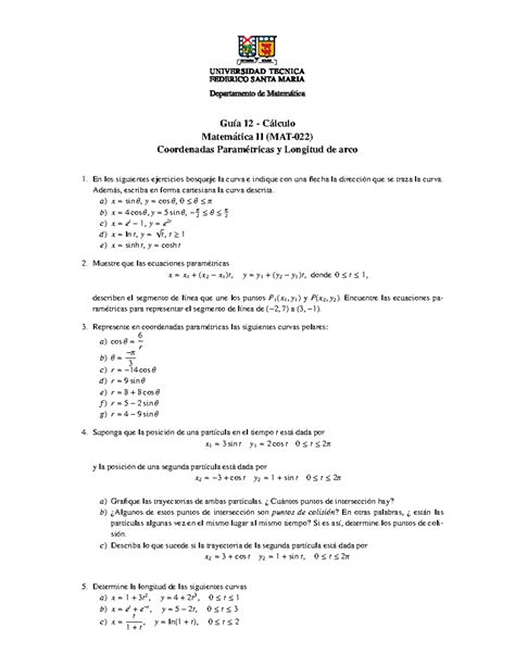 Guía Cálculo guia sin respuestas Coordenadas Parametricas y Longitud de arco Gu ıa