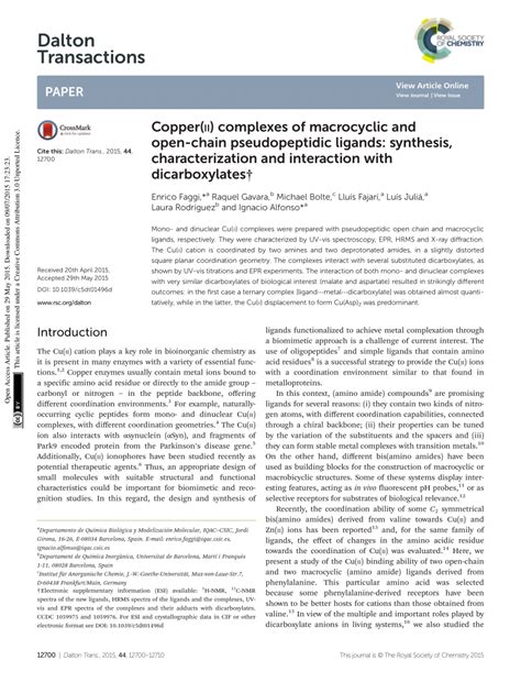 Pdf Copperii Complexes Of Macrocyclic And Open Chain Pseudopeptidic Ligands Synthesis