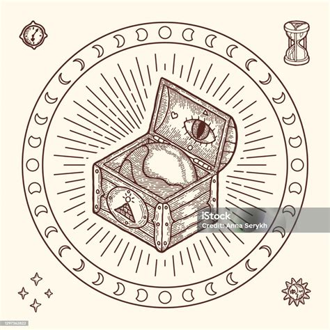 購物袋的隔離列印魔法博霍和塔羅牌風格的向量圖木箱與地球和共濟會符號與占星術元素太陽和月亮相 鍾面 沙漏 星向量圖形及更多共濟會會員圖片