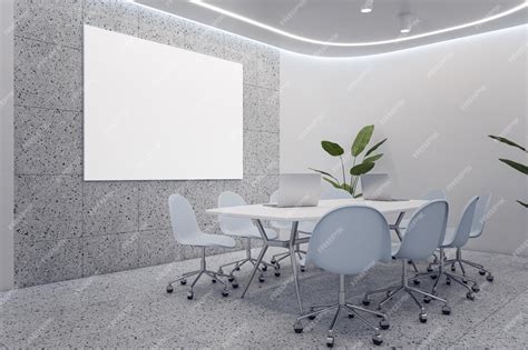 빈 흰색 모의 포스터 장비 가구 및 장식용 식물이 있는 현대적인 회의실 내부 상업용 작업 공간 개념 3d 렌더링 프리미엄 사진