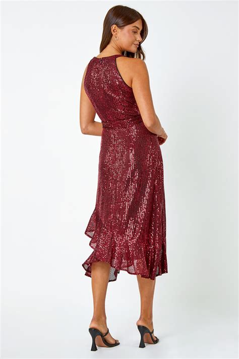 Red Halter Neck Sequin Midi Stretch Dress Roman Uk