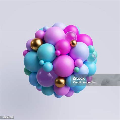 3d 렌더링 다채로운 공으로 만든 추상적 기하학적 둥근 모양이 함께 결합 핑크 블루 골드 입자 플라스틱 장난감 고립 된 요소