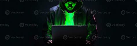 Hacker Without Face In A Hood Holds A Laptop On A Dark Background Banner For Cyber Security
