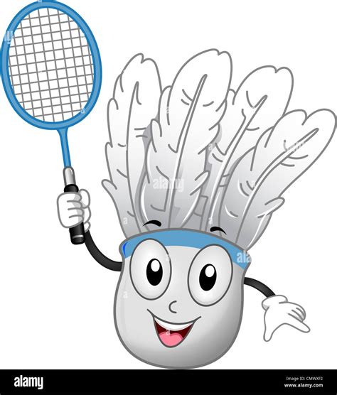 Illustration Of A Shuttlecock Mascot Holding A Badminton Racket Stock