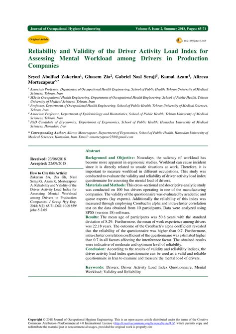 Pdf Reliability And Validity Of The Driver Activity Load Index For Assessing Mental Workload