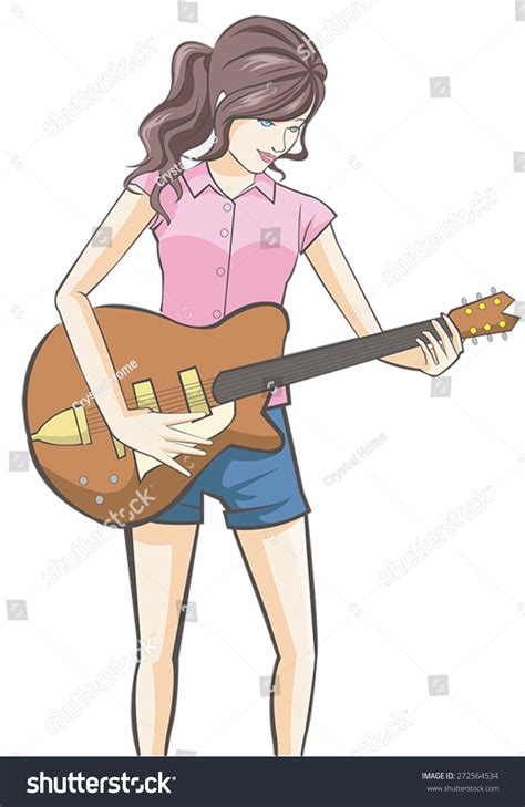 Cartoon Girl Playing Guitar White Isolated Stock Vector Royalty Free
