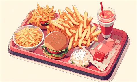 Premium Photo Hamburger And Fries On A Red Tray Anime Art Style